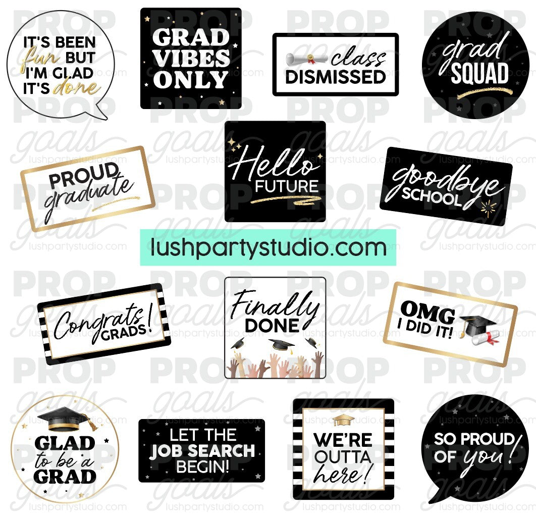 Black and white graduation photo booth prop signs bundle
