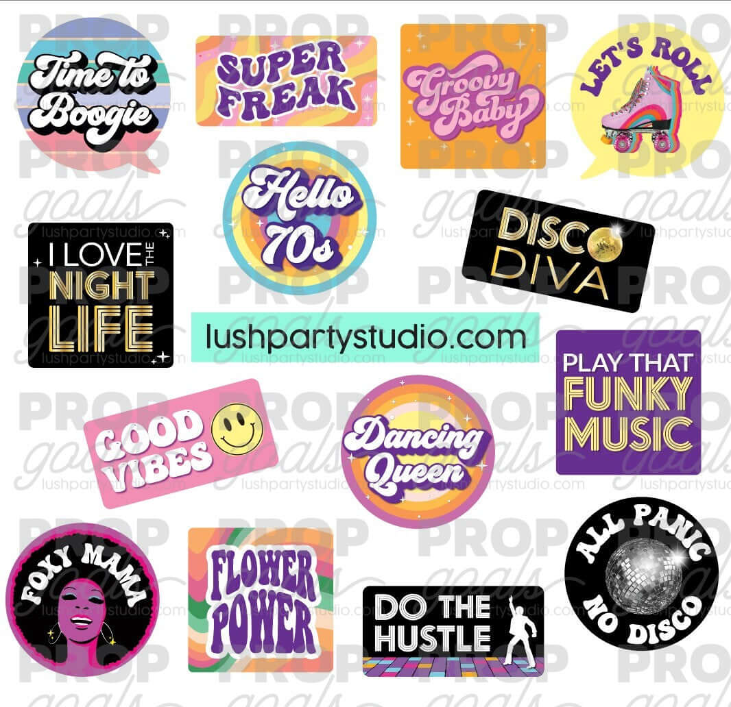 70's disco photo booth prop signs bundle